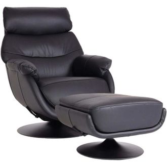 Hhg Neuwertig] Relaxsessel mit Hocker HHG 356, Fernsehsessel Sessel, Wippfunktion drehbar, Metall Echtleder/Kunstleder schwarz