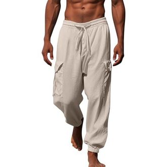 Generic Pantalon d&eacute;t&eacute; baggy en lin pour homme - Couleur unie - Pantalon cargo respirant - En coton - Avec empi&egrave;cement c&ocirc;tel&eacute; au bas des jambes - Taille &eacute;lasti