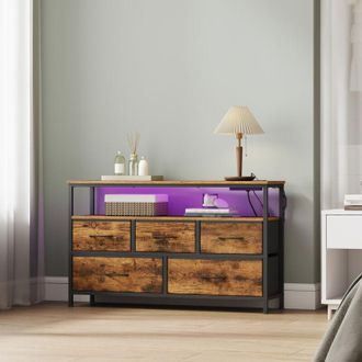 Songmics Meuble de Rangement avec LED R&eacute;glable et Multiprise, 5 Tiroirs en Tissu, Style Moderne, Chambre, Marron et Noir