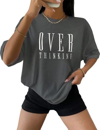 TOMWELL Damen Tshirt Kurzarm Sommer Oberteile Oversized T-Shirt mit Buchstaben Druck Lose Rundhals Sport Shirt Teenager M&auml;dchen Top Tunika Lang A Dunkelgrau X