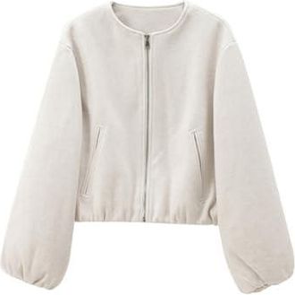 Generic Blouson aviateur r&eacute;tro doux for femme, col rond, manches longues, ourlet &eacute;lastique et fermeture &eacute;clair(blanc,xs)