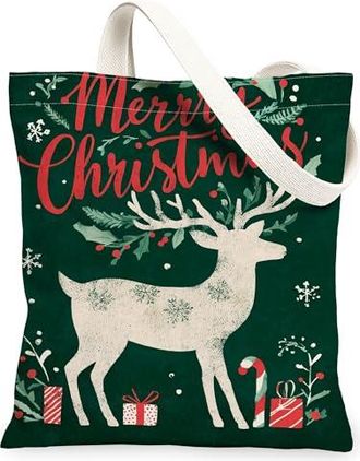 Generic Sacs fourre-tout en toile de No&euml;l, motif renne lavables, sacs d&eacute;picerie vintage respectueux de lenvironnement, bandouli&egrave;re pour le shopping, les voyag