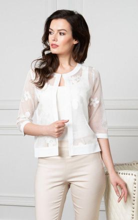 Passioni Blusenjacke in Wei&szlig;, offene Netzjacke mit Blumenmuster