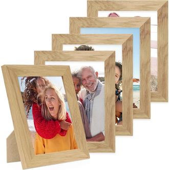 Photolini Bilderrahmen 15x20 Holz Eiche, 5er Set breite Bilderrahmen 20x15 Holz, Picture Frame mit Acrylglas, Bilder Rahmen 15 x 20 cm Eiche zum Aufhängen & Auf