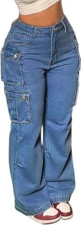 Generic Jeans taille haute pour femme, style hip-hop, multi-poches, coupe ample, coupe droite, style d&eacute;contract&eacute;, b, M
