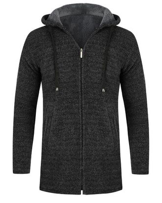 AlltheMen Cardigan Herren Strickjacke mit Kapuze Lang Gef&uuml;ttert Grobstrick Cardigan