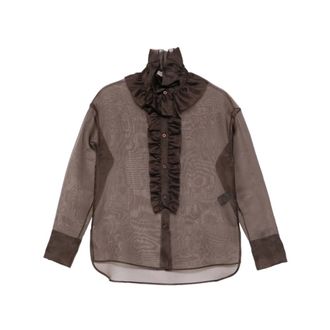 D.exterior Chemise en soie organza &agrave; volants - Femme - Blouses et Chemises - Brun - Taille: 38 FR