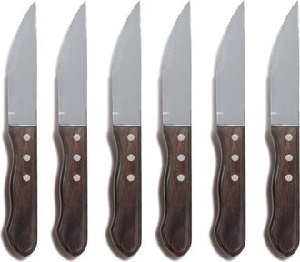 Comas 6er Set Steakmesser Steakbesteck Grillbesteck Messer Messerset Pizzamesser edler Griff Holz Edelstahl Churrasco Chuletero Silber Braun hochwertig