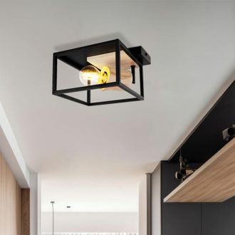Globo Lighting Plafonnier R&eacute;tro Lampe en bois Plafonnier noir Structure Spot de plafond r&eacute;glable, m&eacute;tal naturel 1x E27, HxLxB 14,5x22x22 cm