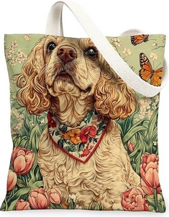 Generic Sac fourre-tout en toile pour le shopping 33 x 38 cm, motif floral vintage, sac &agrave; bandouli&egrave;re r&eacute;utilisable pour femme, peinture pour animaux domestiqu
