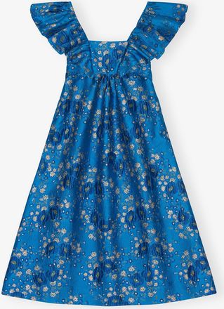 Ganni Robe midi &agrave; volants en Jacquard 3D - Taille 38 Bleu - Pour Femme