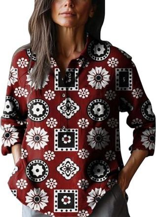 Generico Chemise Femme Curvy &agrave; Manches Longues T Shirt Coton Et Lin &Eacute;l&eacute;gant Grande Taille Blouse Col en V Classique Chemises Vintage Imprim&eacute; avec Boutons Doux 