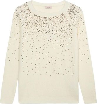Oltre Femme, Pulls, Blanc, Taille: 46 FR Pull en laine m&eacute;lang&eacute;e avec sequins