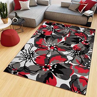 Tapiso Maya Tapis Poil Court Moderne Rouge Gris Noir Blanc Motif Floral Tapis Salon Chambre Salle &agrave; Manger Adulte Bureau Oeko-TEX R&eacute;sistant 200 x 300 cm