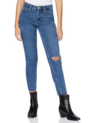 Pieces Damen Pclili Slim Mw Cr Dest Mb255-vi/Noos Bc, Medium Blue Denim, S