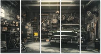 Islandburner Bild auf Leinwand Klassisches Auto in einer alten Garage für Wohnzimmer Autoliebhaber Autohaus Bilder Wandbilder Poster