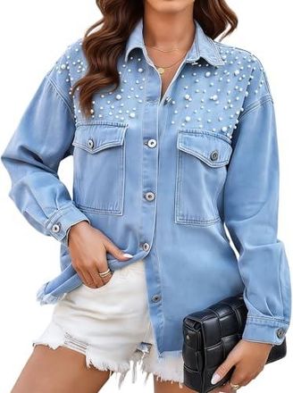 Generic Veste en jean &agrave; strass et perles pour femme, veste en jean oversize tendance, ourlet effiloch&eacute;, chemise chambray boutonn&eacute;e, bleu, taille S