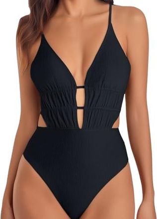 Generic Maillots De Bain Une Pieces Femme Push Up Maillots de Bain Dos Nu, avec Rembourrage Amovible, Motif Rayures océaniques, lété (Black, XL)