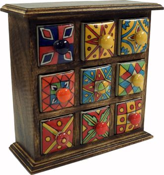 Guru Shop Apothekerschr&auml;nkchen mit Bunten Keramik Schubf&auml;chern, Gew&uuml;rzkiste - 3x3 F&auml;cher, 24x24x9 cm