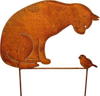 Vosteen Manufaktur-Lichtbogen Rost Gartenstecker Katze und Vogel 50x43cm Edelrost Gartendekoration
