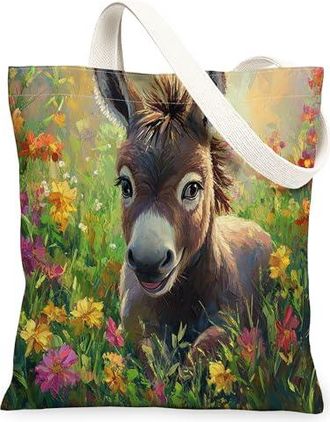 Generic Sac fourre-tout en toile motif &acirc;ne printanier 33 x 38,1 cm, sac d&eacute;picerie r&eacute;utilisable pour femme, motif animal de voyage, d&eacute;coration cadeau