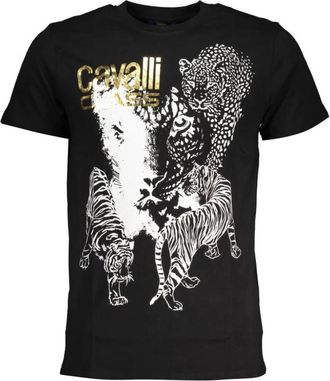 Cavalli Schwarzes Baumwoll-Print-Logo-T-Shirt - - Tops - Herren - Schwarzk - XL