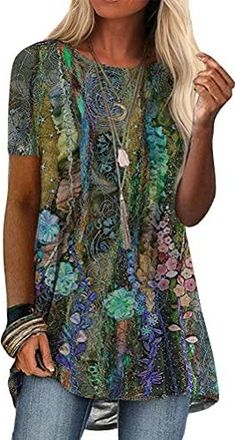 ORANDESIGNE T-Shirt Long pour Femme à Manche Courte T-Shirt Col Rond Blouse Eté Ample Casual Tops Imprimé Colorées Tee Shirt Mode Tops T-Shirt Lâche Haut Long Blo