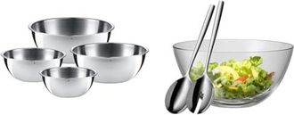 WMF Gourmet Schüsselset 4-teilig, Edelstahl Schüsseln für die Küche 0,75l - 2,75l & Taverno Salatschüssel Set 3-teilig, Salatbesteck 25 cm mit Salatschale