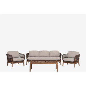 Sklum Gartenset mit 3-Sitzer-Sofa, 2 Sesseln und Couchtisch aus Akazienholz und geflochtener Karvia-Seil Akazie Braun