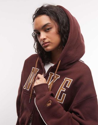 Nike Studio Fleece mittelschwerer, verk&uuml;rzter Oversize-Kapuzenpullover mit durchgehendem Rei&szlig;verschluss und Logo in Burgunderrot-Braun