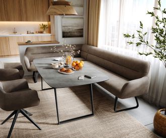 DELIFE Esszimmerbank Taya-Flex 285x190 cm Mikrofaser Taupe Vintage Kufengestell flach Schwarz Taschenfederkern Rechts, Eckb&auml;nke