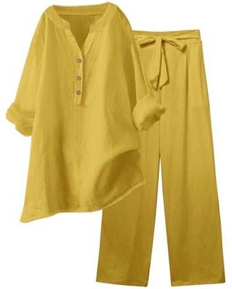 Generic Mousseline 2 pi&egrave;ces &eacute;l&eacute;gante pour femme - Chemisier en mousseline pour femme - Manches courtes - Grande taille - Avec boutons - Chemisier en lin - Jam