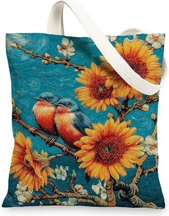 Generic Sacs fourre-tout en toile avec motif floral artistique, sacs dépicerie réutilisables, légers et lavables, bandoulière C, bleu, 13x15 Inch
