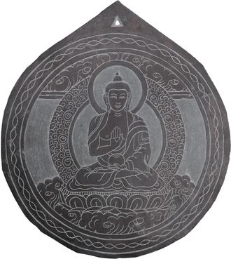Guru Shop Tibetisches Steinbild, Relief aus Schiefer, Wanddekoration Tibet, Steintafel - Buddha 1, 18x18x0 cm