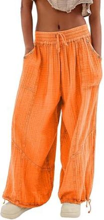 Generic Pantalon cargo baggy noir pour femme - Pantalon de surv&ecirc;tement ample taille haute en coton avec plusieurs poches, jambe large d&eacute;contract&eacute;e, Orange, 3X