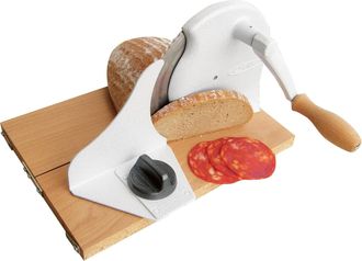 Hera Manuelle Brotschneidemaschine, Wei&szlig;, Solinger Klingenstahl, Klappbar, Buchenholz-Brett und -Kurbel, Zwingenbefestigung, Metall-Guss, 30x21x19cm, 1-20m