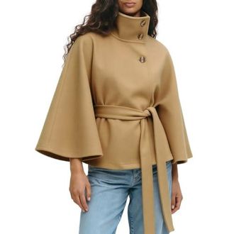 Generic Ponchos à manches chauve-souris pour femmes, manteau de pois, automne tendance, col montant, ceinture, capes veste dhiver courte, kaki, 3XL