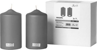 Fink Candle 2er Set, metallic Stumpenkerze, Paraffin, grau, L. 8 cm, B. 8 cm, H. 15 cm, D. 8 cm [SET2]