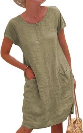 ORANDESIGNE Robe Femme Chic Ete Courte Robe Tunique Col V Manche Courte Fluide Robe Fleurie Vintage D&eacute;contract&eacute;e Ample Couleur Unie T-Shirt Robe avec Poche Midi D