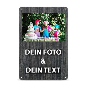 Tassendruck Blech-Schild mit Foto und Text selbst gestalten/Personalisierbar mit eigenem Bild als Metall-Poster / A4 (21x30cm) im Hochformat/Holz 1