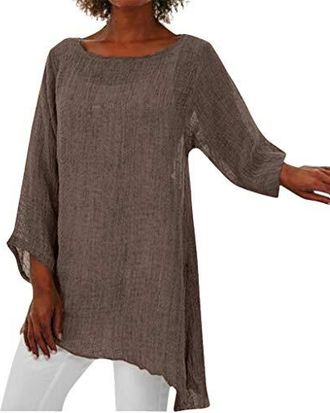 Generic Tunique grande taille pour femme - Haut en lin &agrave; manches longues et col rond - &Eacute;paules droites - Ourlet asym&eacute;trique - Coupe d&eacute;contract&eacute;e - Transparent