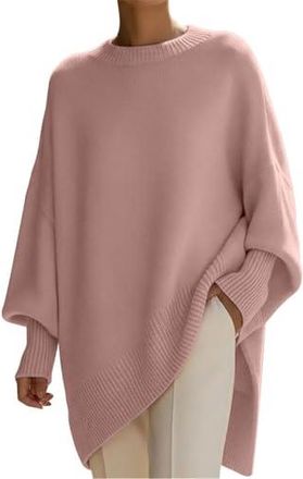 Generic Pull surdimensionn&eacute; &agrave; manches chauve-souris pour femme d&eacute;contract&eacute; col rond tendance pull ample en tricot c&ocirc;tel&eacute; doux et confortable, rose, XXL