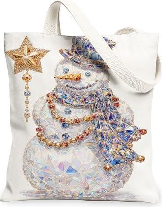 Generic Sacs fourre-tout en toile motif bonhomme de neige dhiver, sacs d&eacute;picerie r&eacute;utilisables, &eacute;l&eacute;gants, l&eacute;gers et lavables, blanc, 13x15 Inch