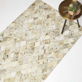 Homescapes Homescapes - Patchwork Lederteppich 90 x 150 cm creme-grau-gold - Fellteppich Rauten-Muster