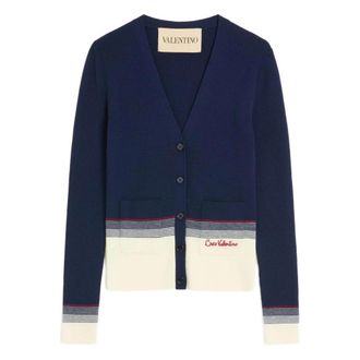 Valentino Garavani Blauer V-Ausschnitt Pullover mit Knopfleiste - - Knitwear - Damen - Blau - L