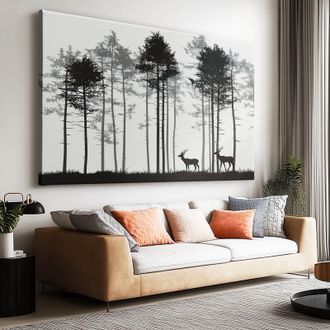 Generic Leinwand-Wandkunst 120 x 80 cm ungerahmt - Handgezeichnete Waldlandschaft mit Rehen Leinwandbild Kunstdruck Gro&szlig; XXL f&uuml;r Wohnzimmer Schlafzimmer Wandb