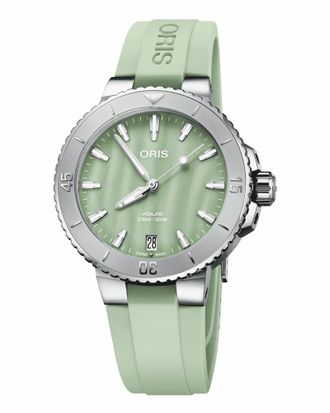 Oris Aquis Date 36,5mm Kautschukband Perlmutt Gr&uuml;n Damenuhr 01 733 7770 4157-07 4 18 67FC