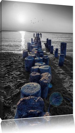 Pixxprint einzigartige Baumstümpfe am Meer B&W, Größe: 120x80cm, Leinwandbild, fertig gespannt, Wandbild, Dekoration, Kunstdruck, kein Poster