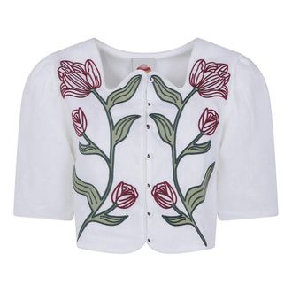 Farm Rio Flower Crop Top Kurzarm - - Blouses & Shirts - Damen - Wei&szlig; - M