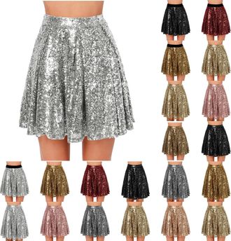Generic Glitzer Rock Damen Silber Pailletten Rock Gold Metallischer Faltenrock Damen Metallic Rocke Pailletten Glitzer Mini Pailettenrock Elastische Taille Ku